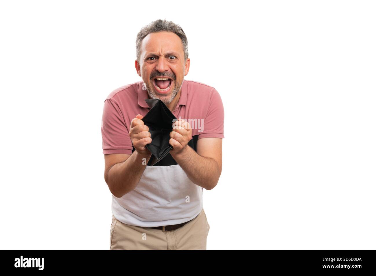 Angry male model screaming as showing or presenting empty no money ...