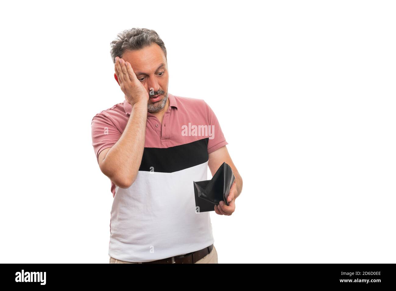 Adult man model looking at empty cashless no money wallet making ...