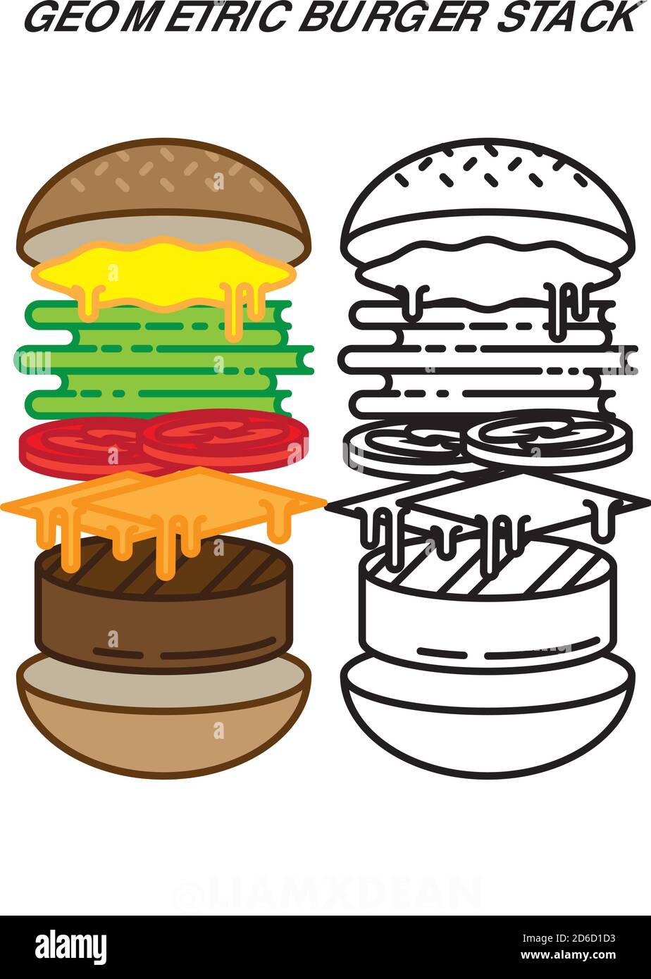 Geometric Burger Anatomy Falling Stack Line Art & Solid Vector ...
