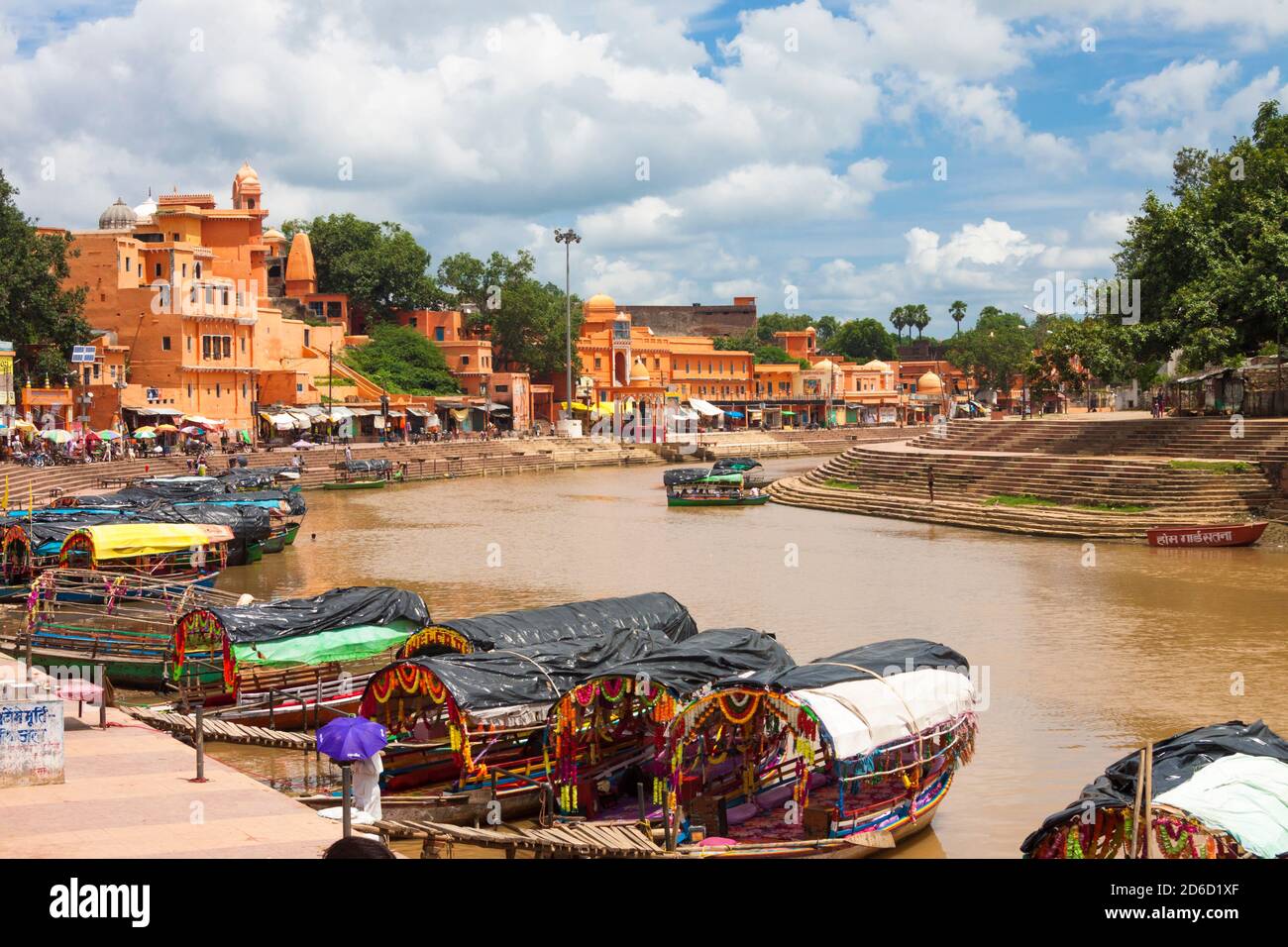 Chitrakoot, Madhya Pradesh, India : Colourful boats line near the steps ...