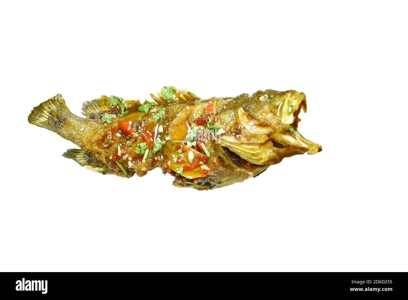 deep fried red banded grouper fish dressing sweet chili sauce on white ...