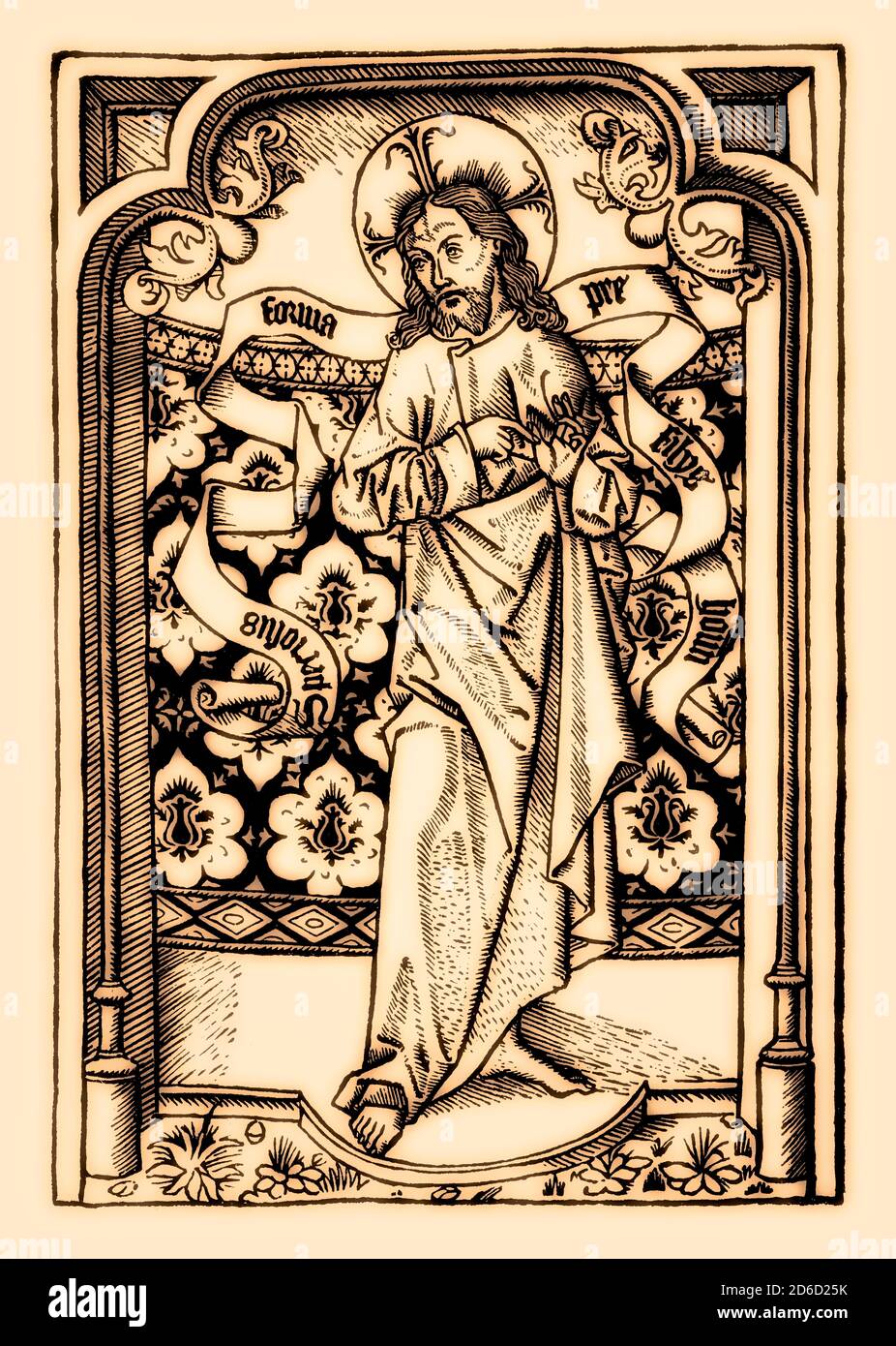 Jesus Christ in a gothic arch, wood engraving, 1480 Stock Photo - Alamy