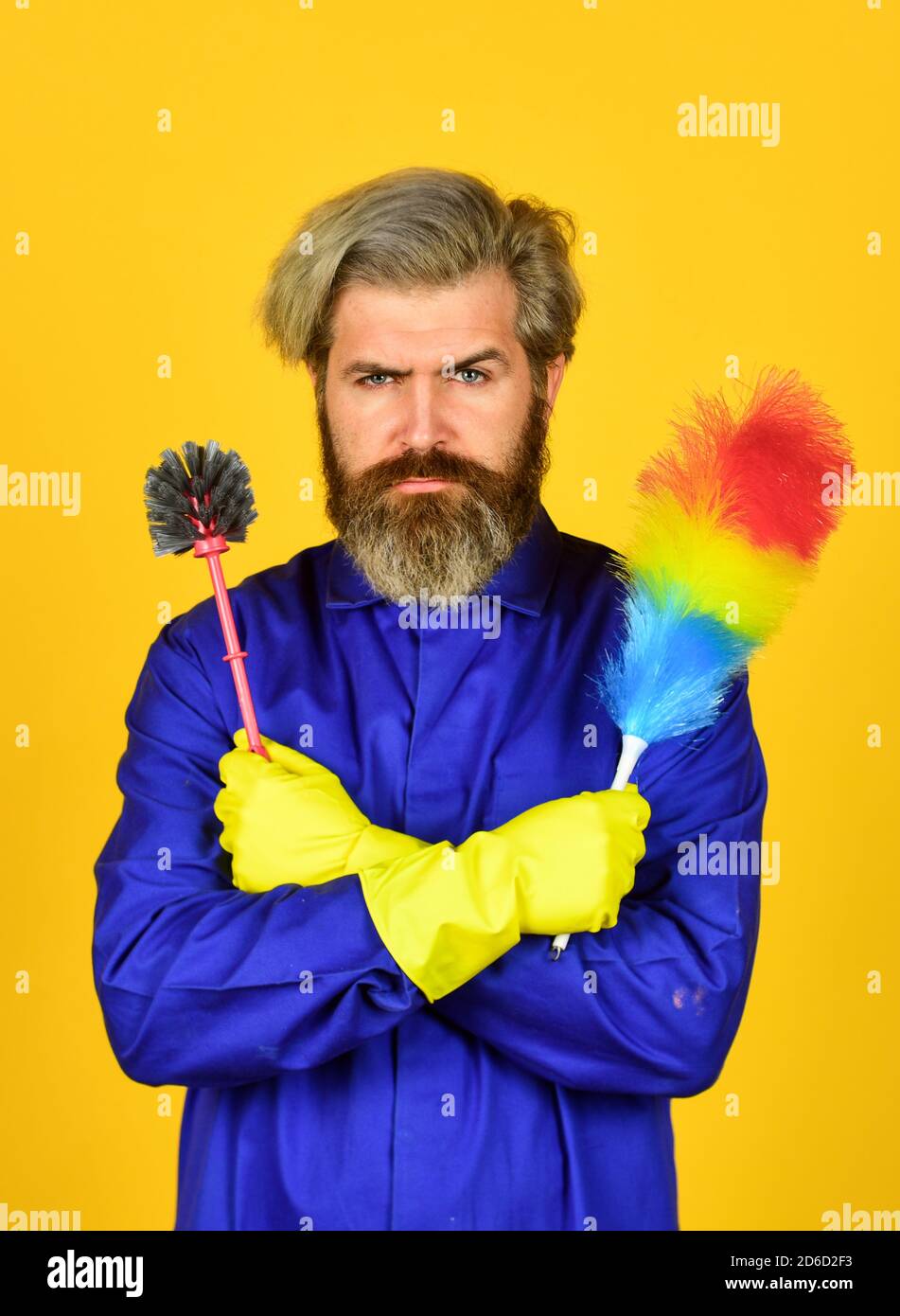 Tired man. housekeeping business. Cleaning the apartment. man use pp ...