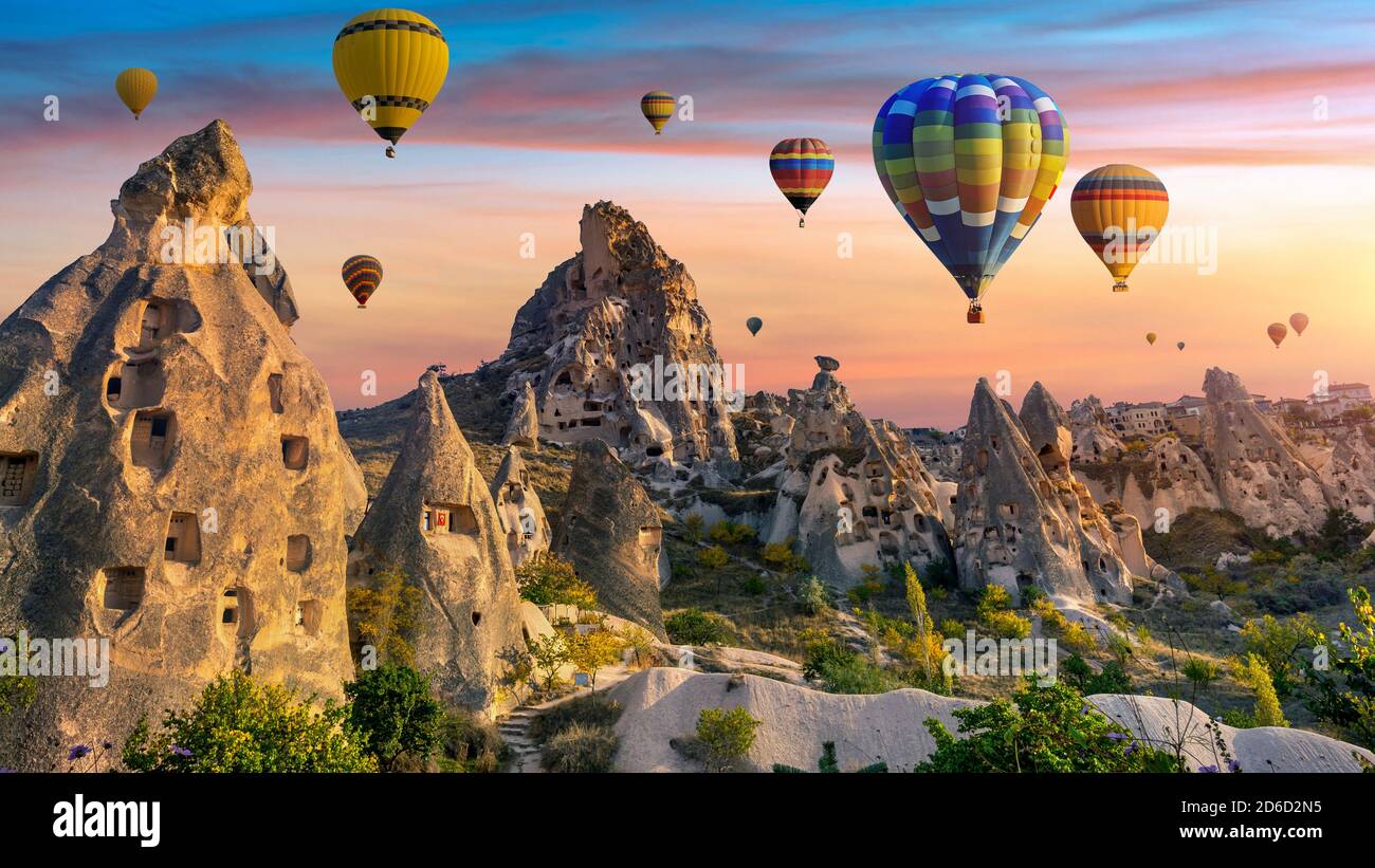 Colorful hot air balloon flying over Cappadocia, Turkey Stock Photo - Alamy