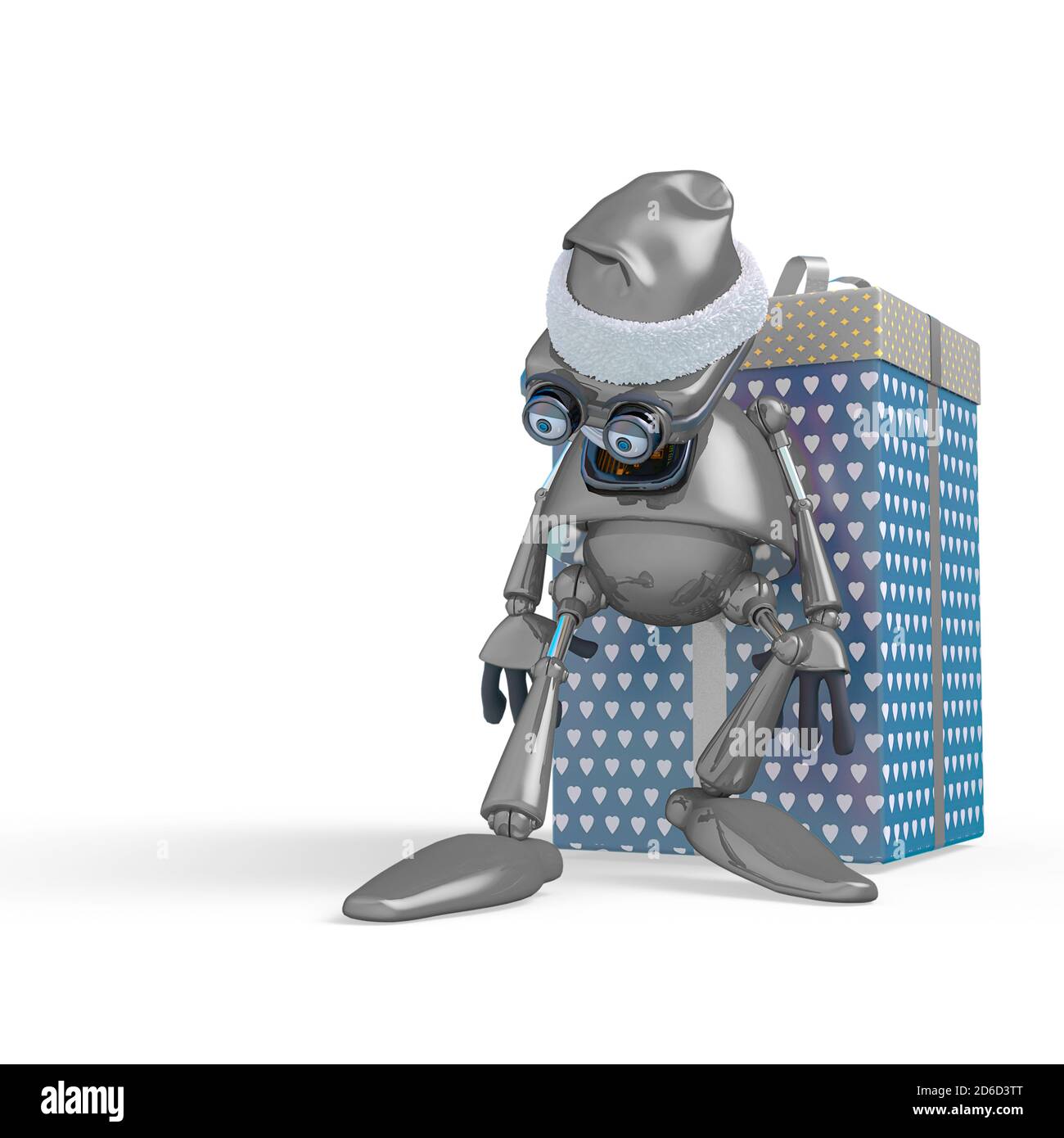 santa bot leaning on the gift box in white background front view, 3d ...