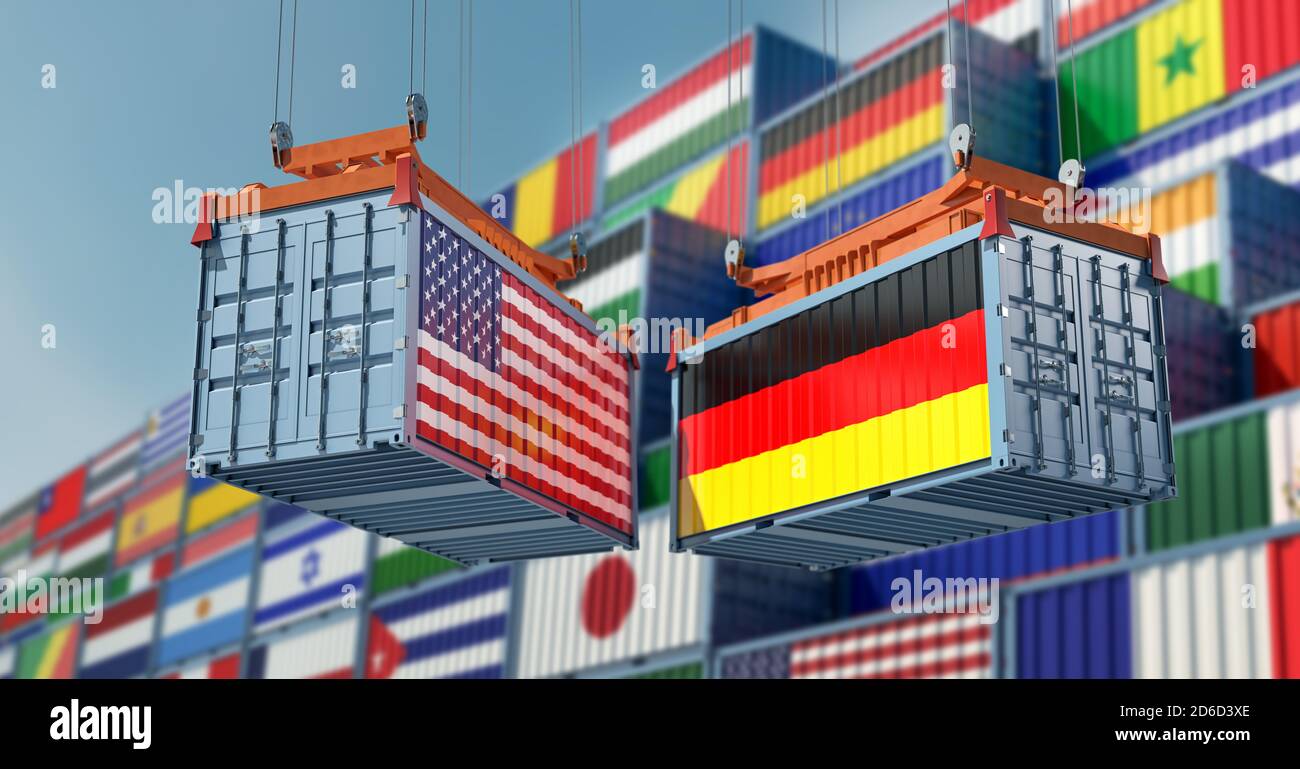 Freight containers on a Terminal with USA and German flag. 3D Rendering ...
