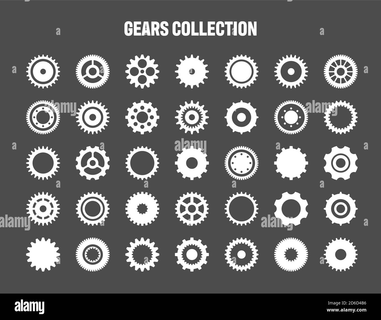 Simple gear icons. Wheels set on black background. Vector white ...