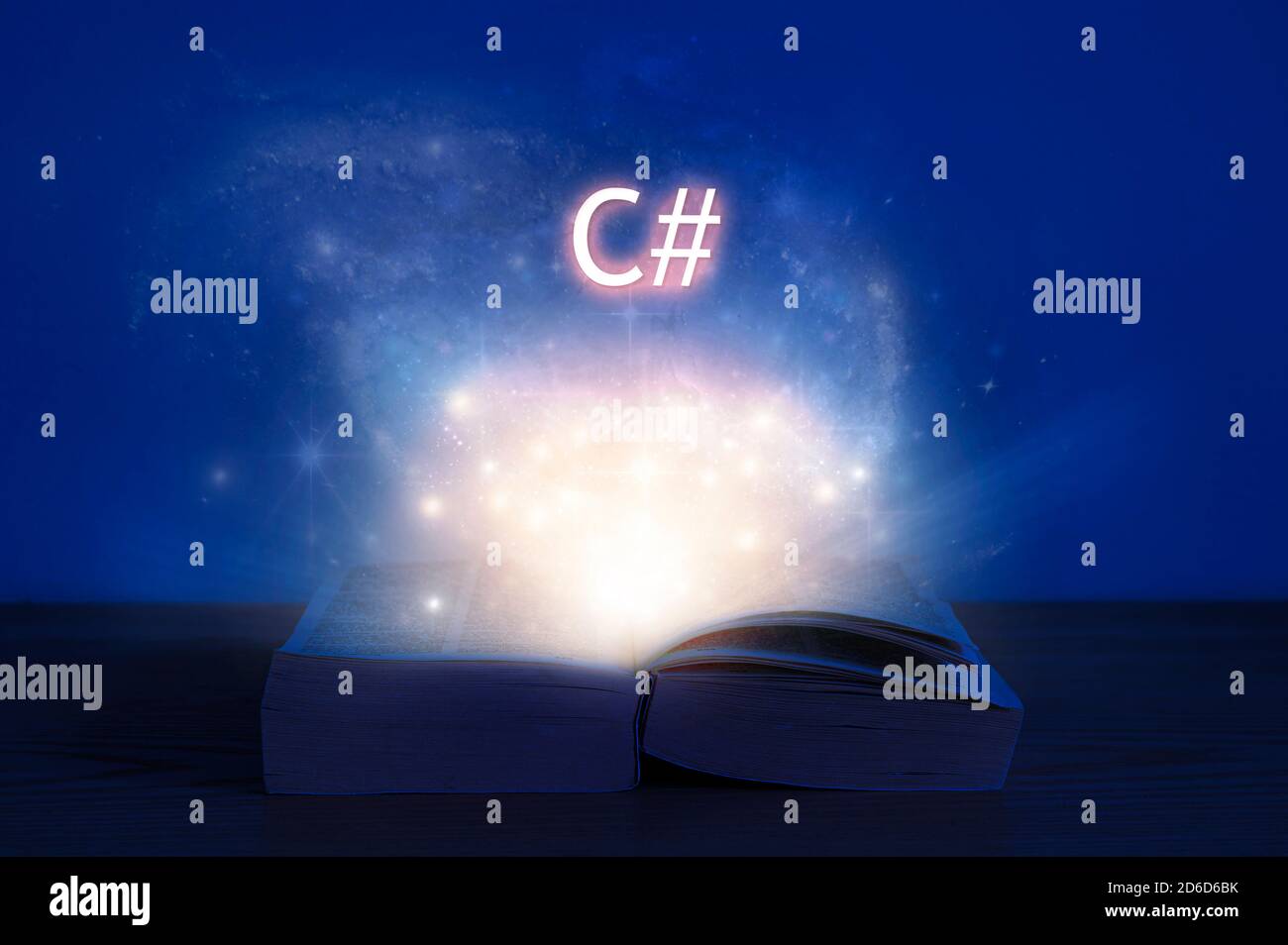 Open book with c# inscription. Light coming from open book with words c ...
