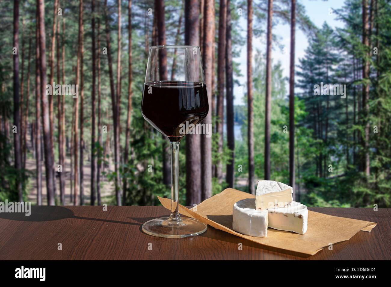 Glass of red wine in the middle of the forest. View from a restaurant ...