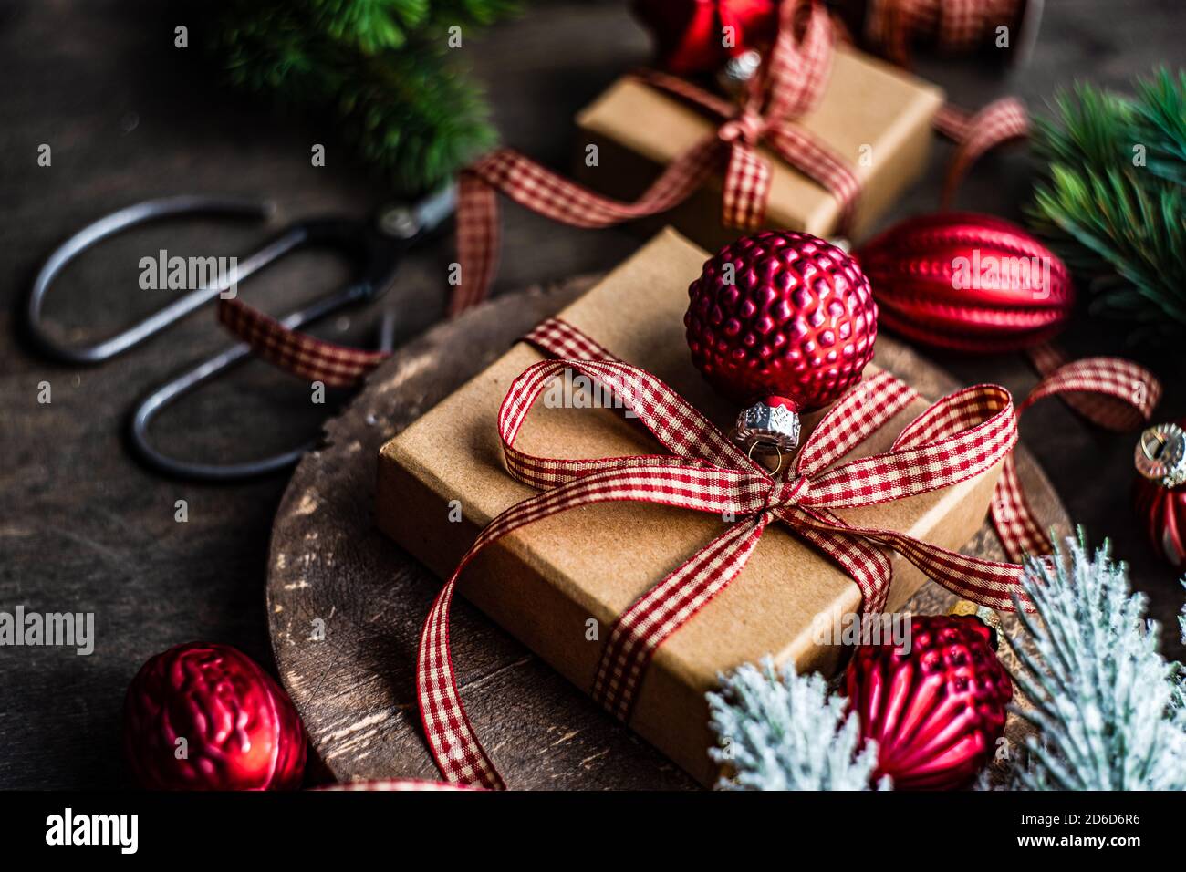 Christmas card concept with gift boxes decorated with ribbon and ...