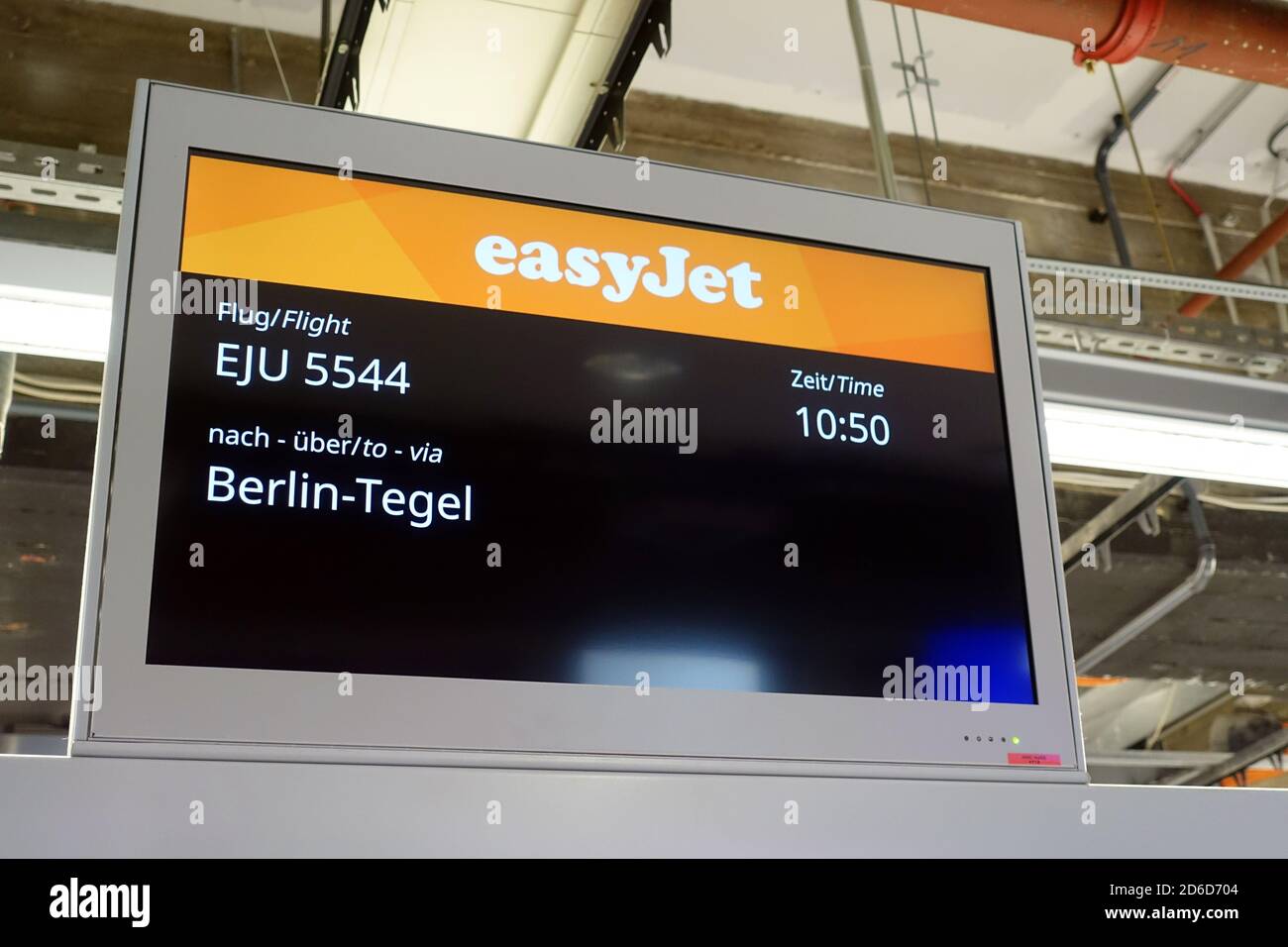 26.02.2020, Berlin, , Germany - Display board of the airline easyJet in ...