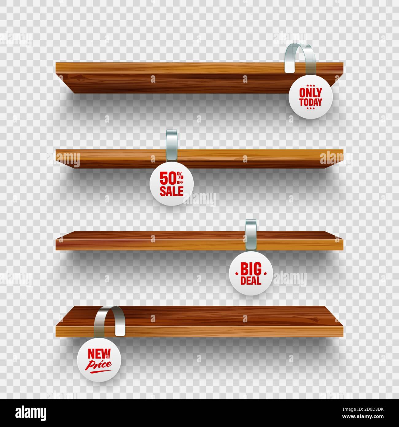 Realistic vector wooden store shelves, supermarket promotional wobblers ...