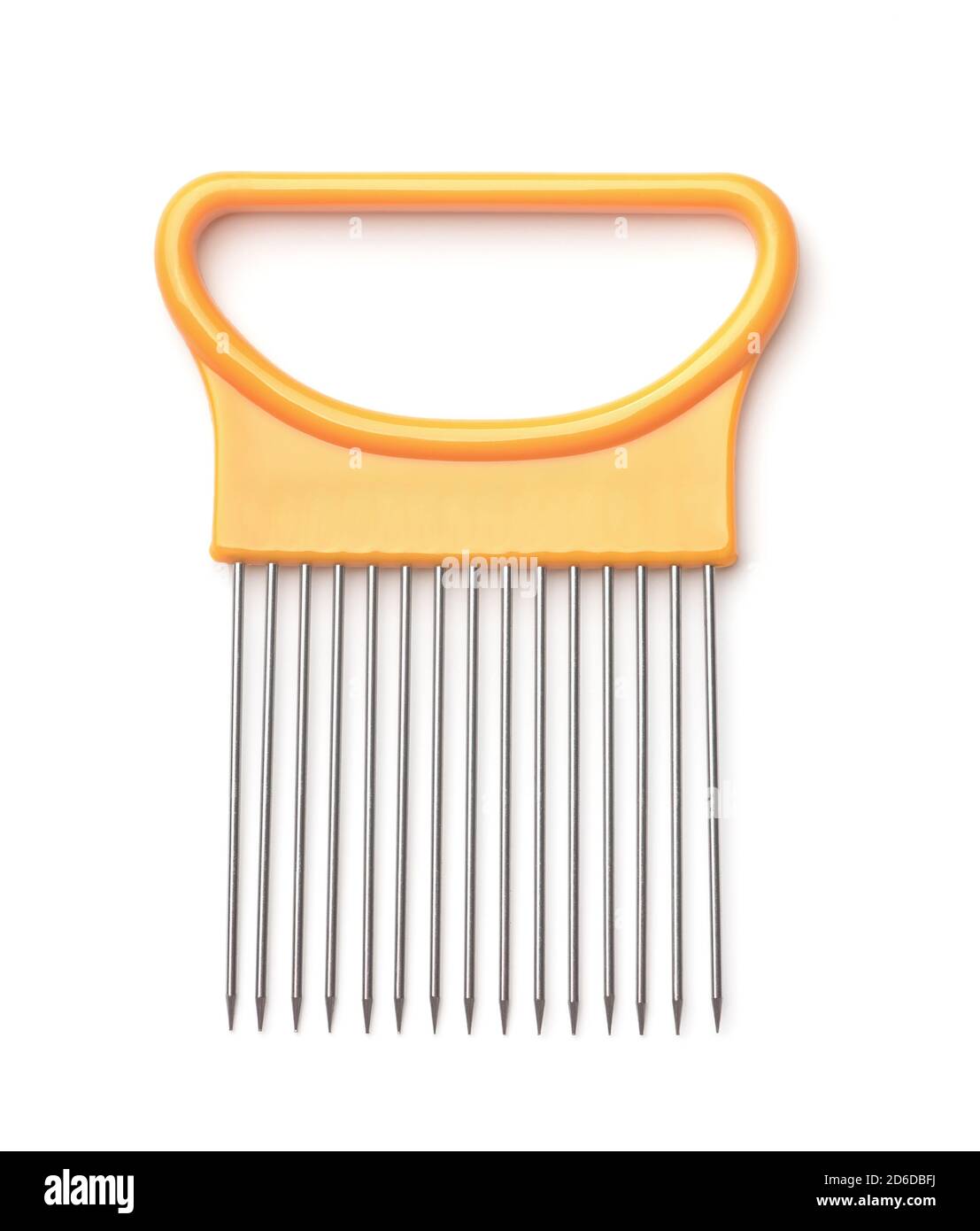 Front view of orange onion and vegetable cutting fork holder isolated ...