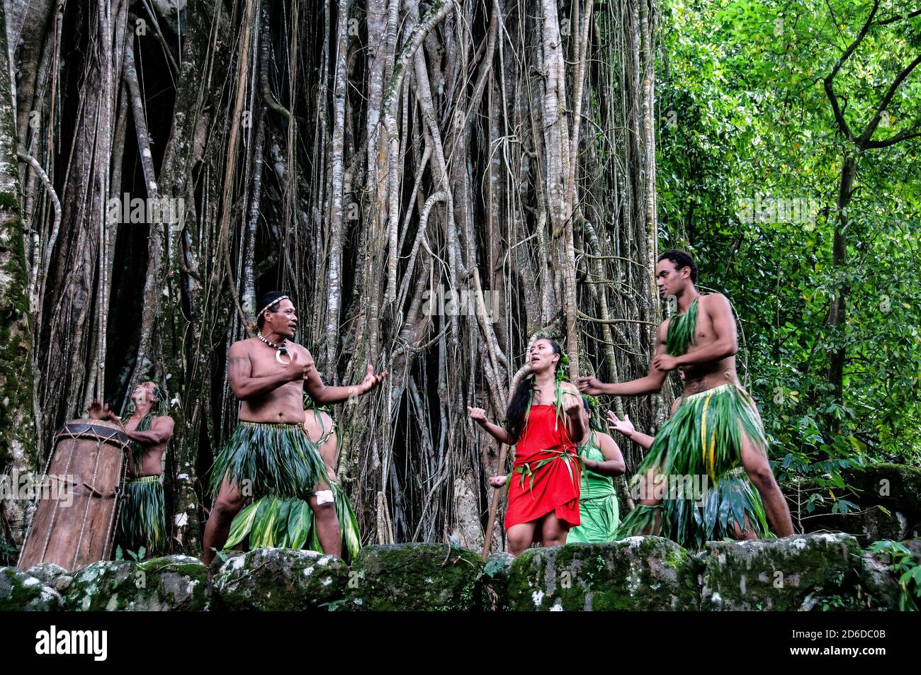 Nuku Hiva, Polynesian dancers, giant banyan tree Stock Photo - Alamy