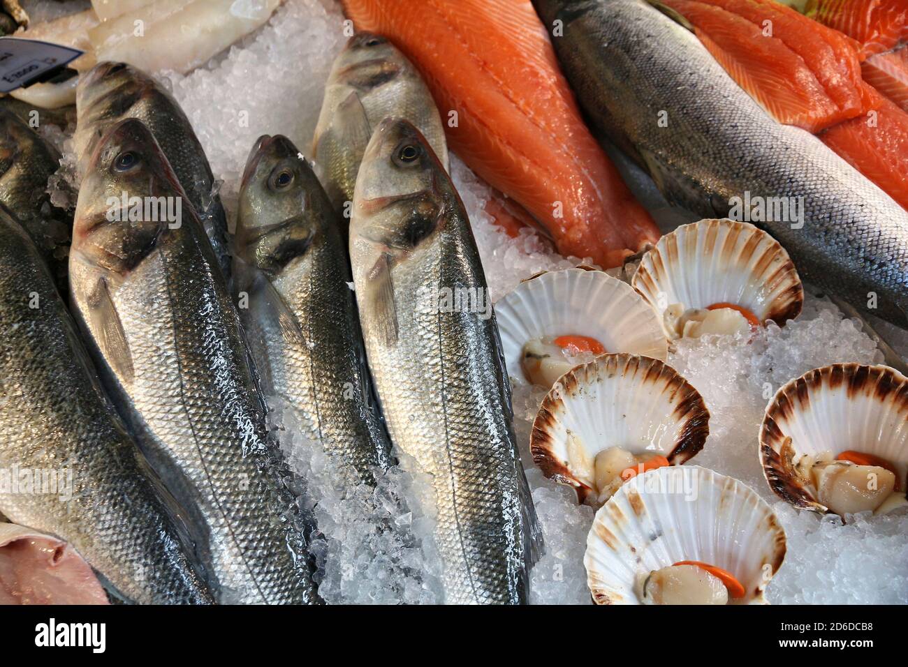 Sea food at London Borough Market, UK. Sea bass and St Jacob shells ...
