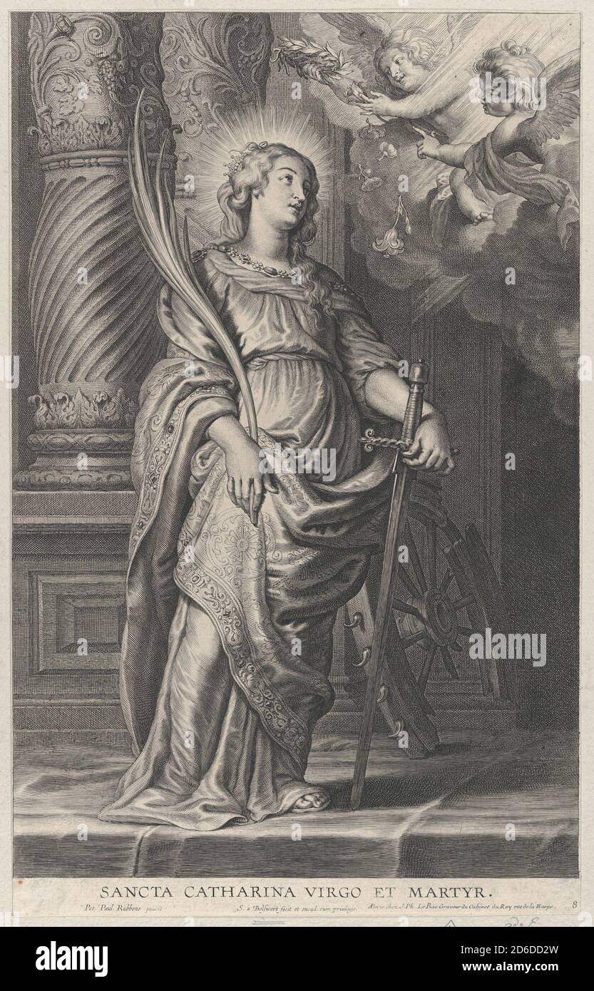 Saint Catherine holding palm leaves and a sword, two putti overhead ...