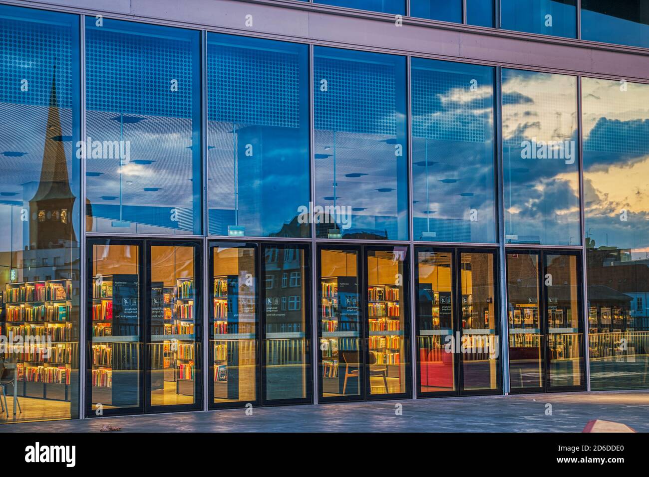 Reflection of Aarhus skyline on the glazed entrance of the popular ...