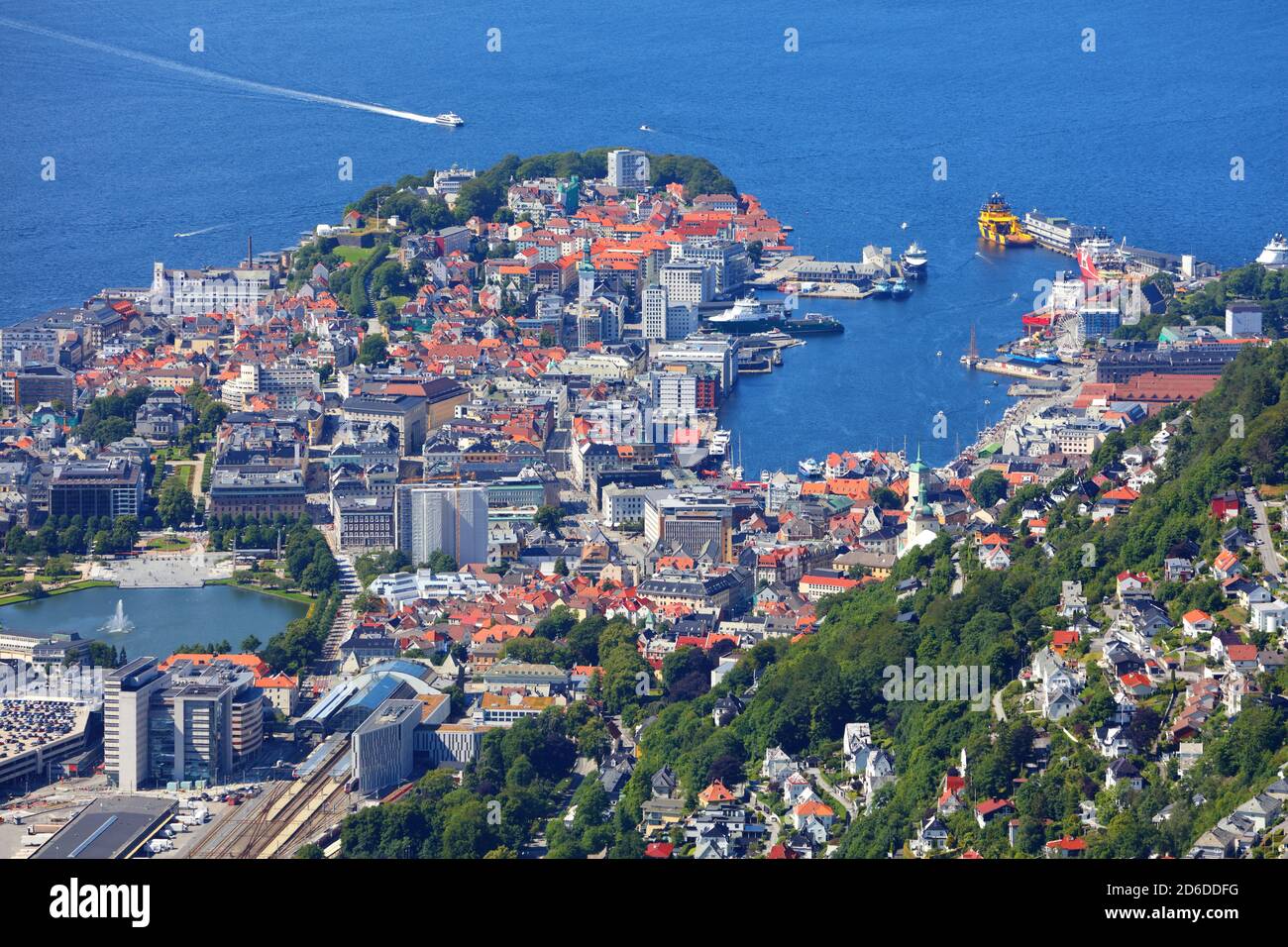 Bergen city, Norway. Summer aerial view of downtown Bergenhus and ...