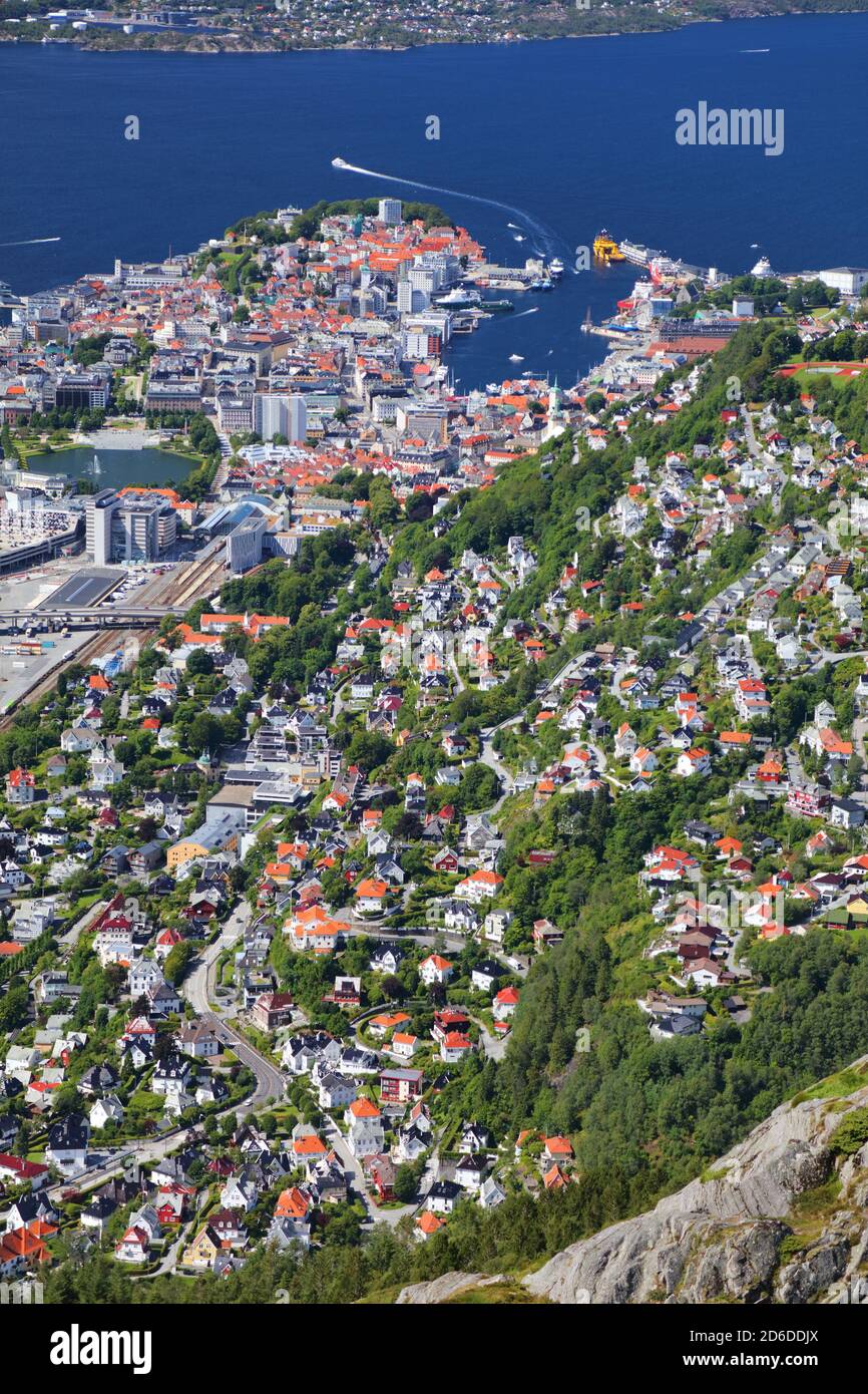 Bergen city, Norway. Summer aerial view of downtown Bergenhus and ...