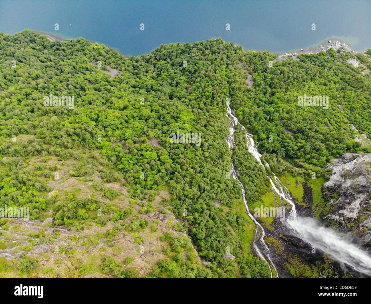 Norway fiord drone view. Aerial view of Geiranger Fjord and waterfall ...
