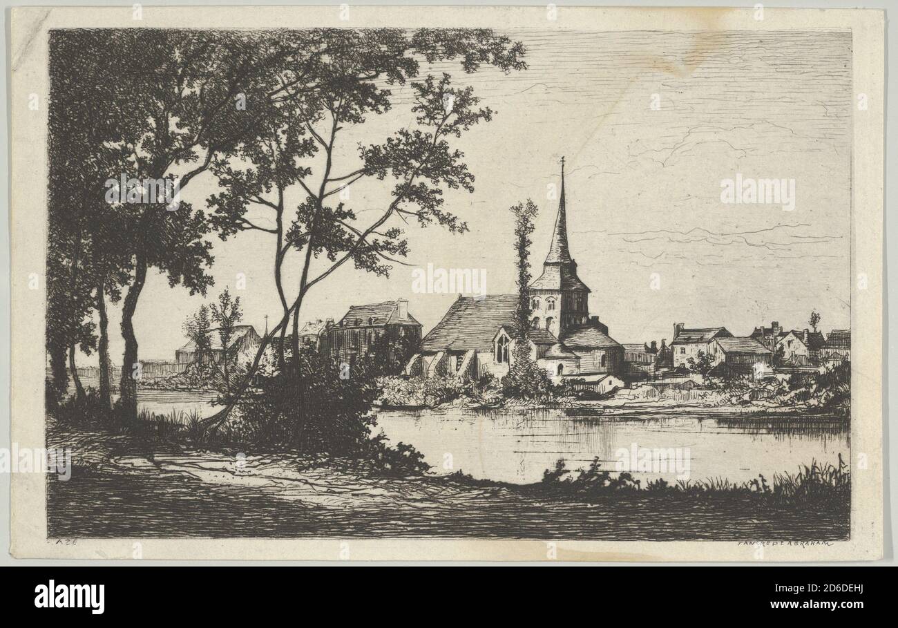 Town with a church across a river, 19th century Stock Photo - Alamy