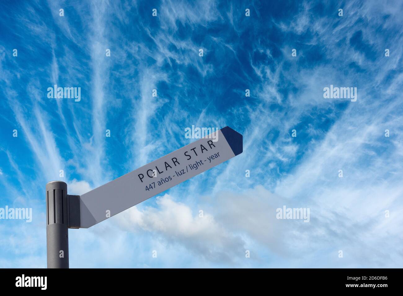 Sign pointing to pole star, Polaris, with information in English and ...