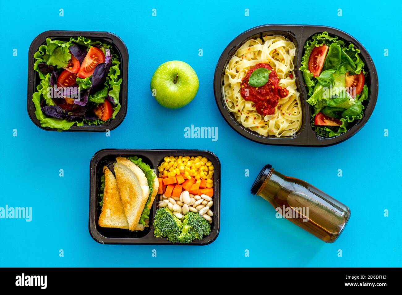 Food delivery background. Take away meal in boxes. Top view Stock Photo ...