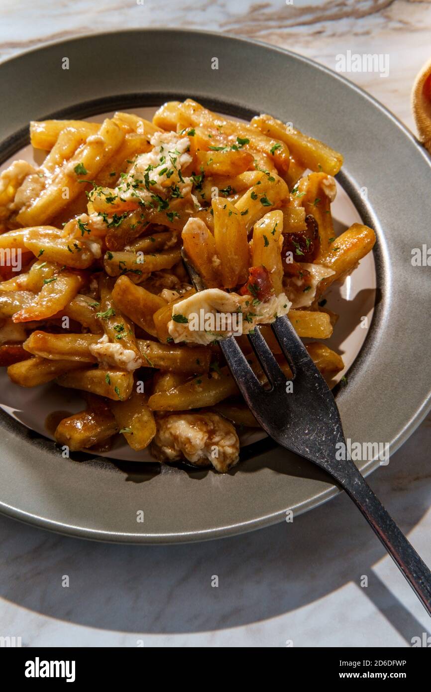 Canadian Poutine fries with gravy and cheese curd on marble kitchen ...