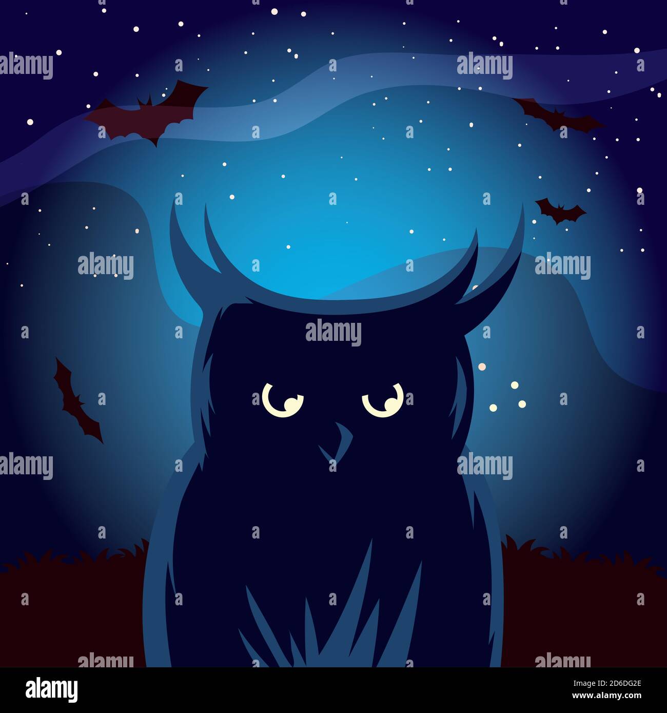 Halloween owl cartoon with bats in front at night design, Holiday and ...
