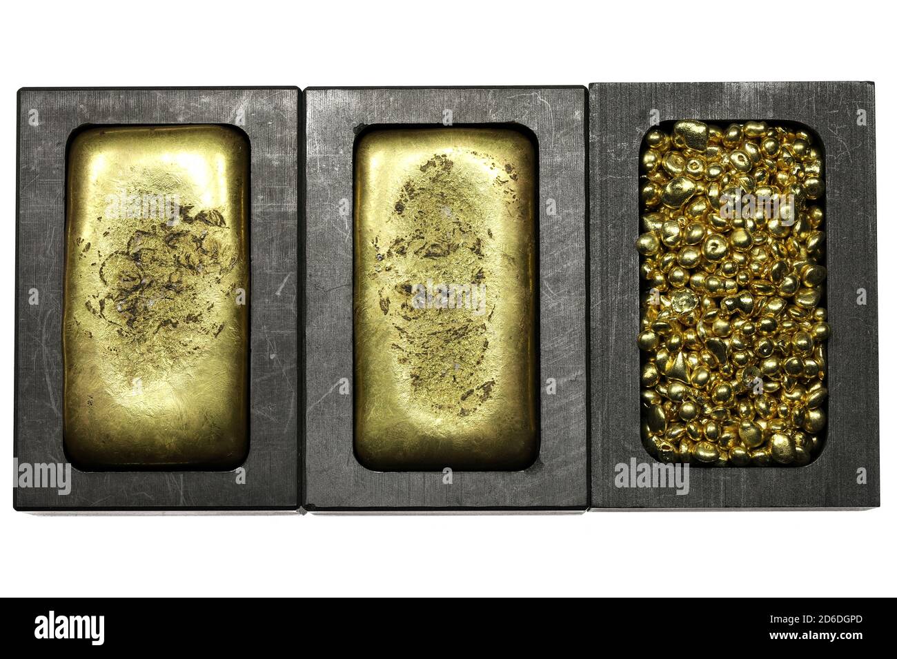 graphite molds with gold bars and granules isolated on white background ...