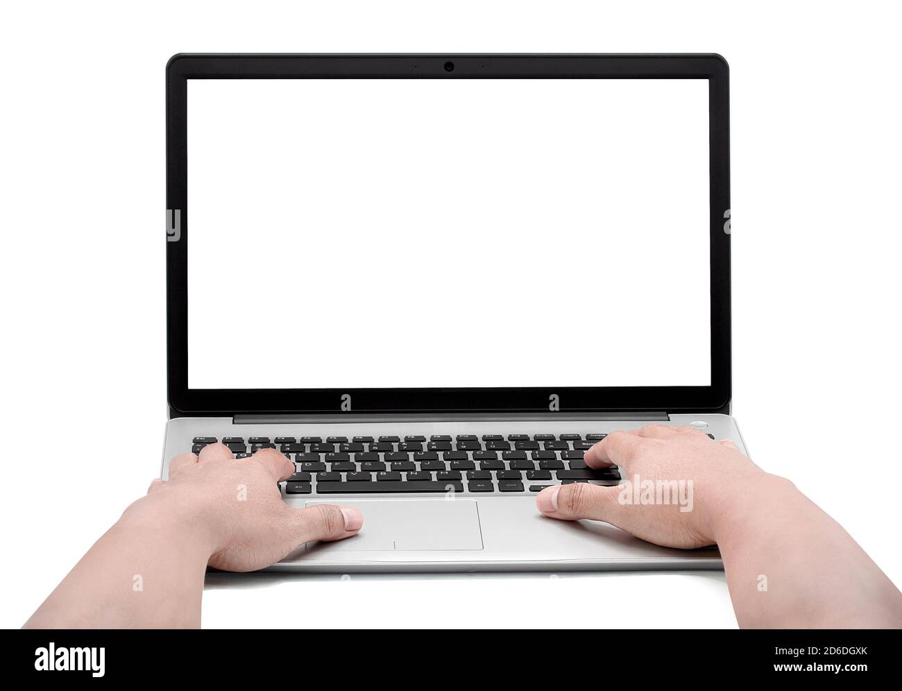 Man hands working on the laptop isolated on white background with ...