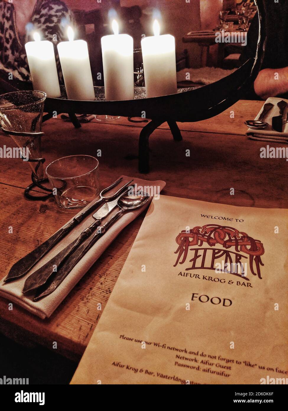 Stockholm, Sweden, in the Viking restaurant "Aifur", menu, candlesticks ...