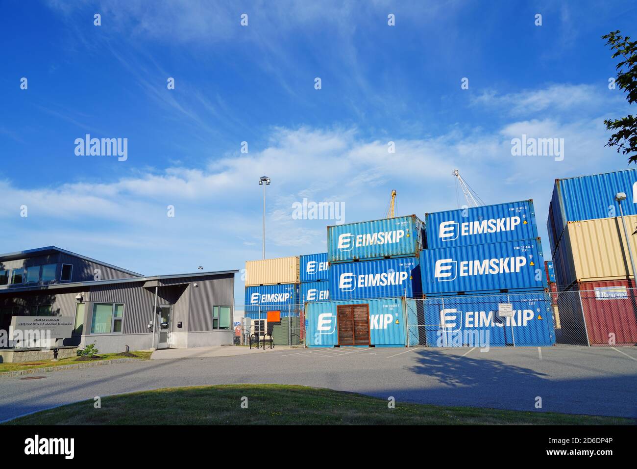 PORTLAND, ME -7 AUG 2020- View of stacks of shipping containers from cargo transport company ...