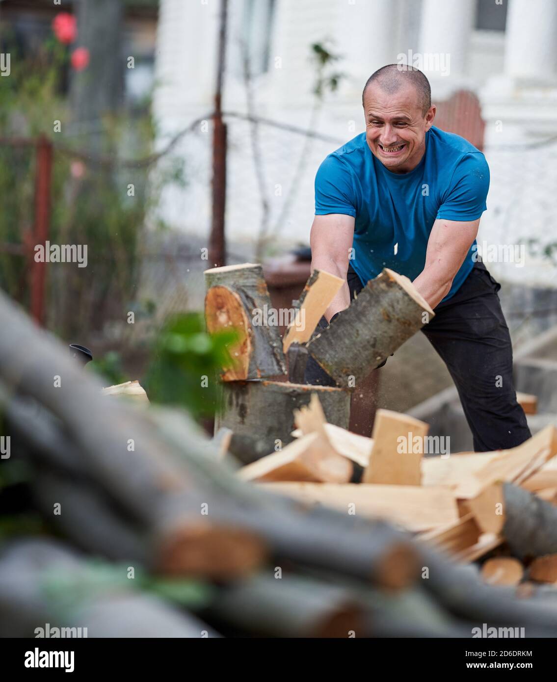 Farmer with big axe splitting beech logs Stock Photo - Alamy