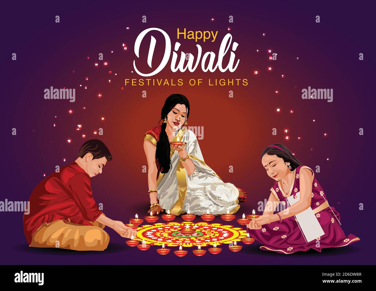 happy Diwali greetings. a family making diya decoration. vector ...