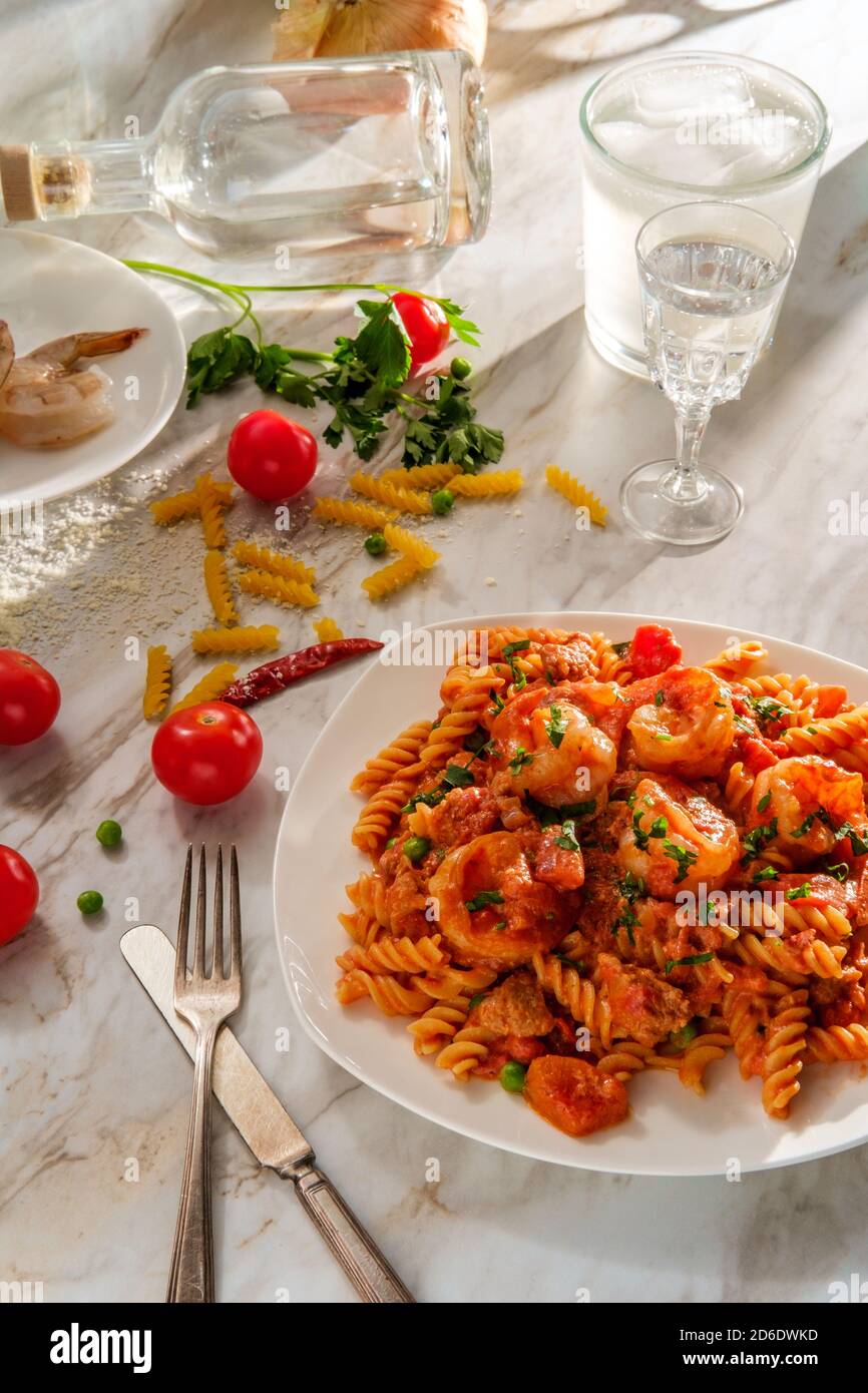 Fusilli pasta in creamy vodka tomato sauce with sausage shrimp and ...