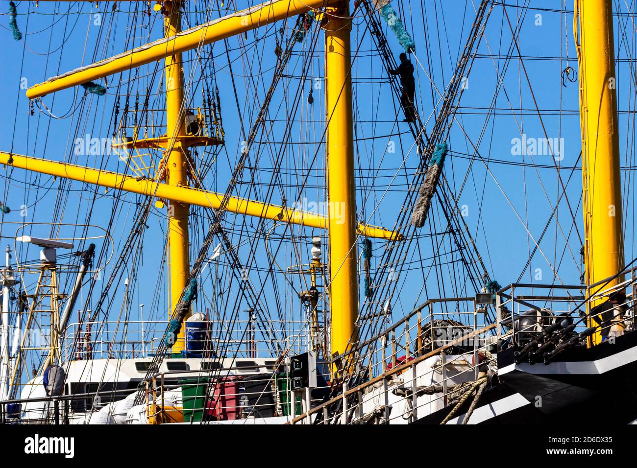 Rigging equipment of a sailing ship on a summer sunny day against a ...
