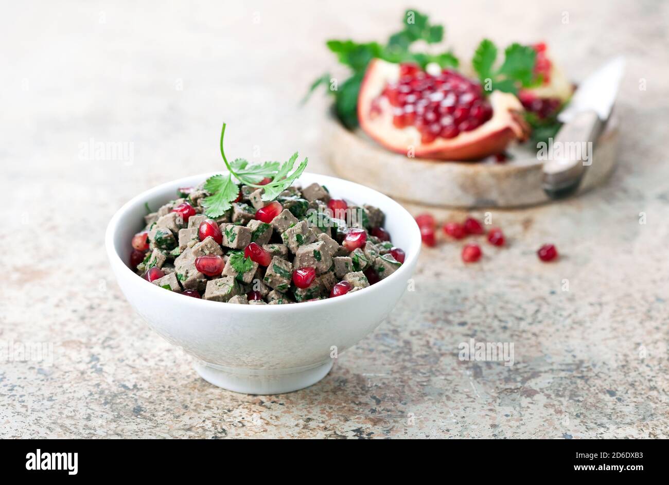 National Georgian dish Kuchmachi. Cooked liver, heart, offal with ...