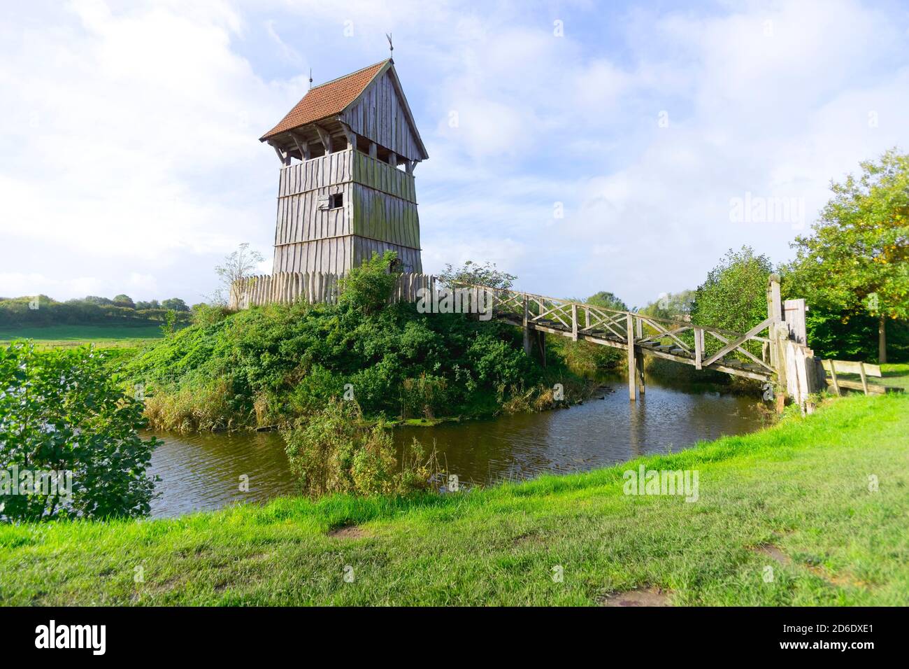 Reconstruction of a medieval castle with a moat hi-res stock ...