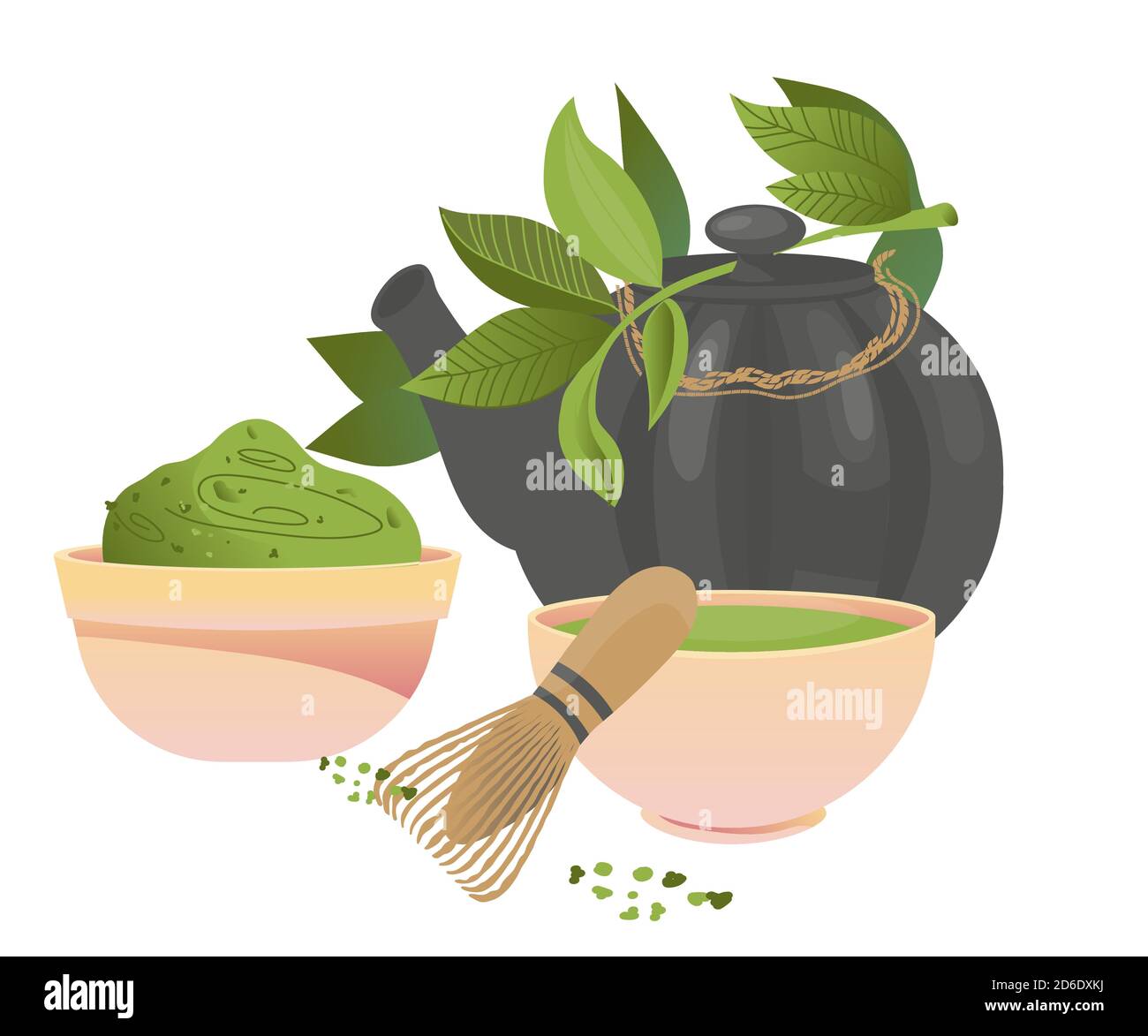 Matcha green tea drink utensils and leaves, flat vector illustration ...