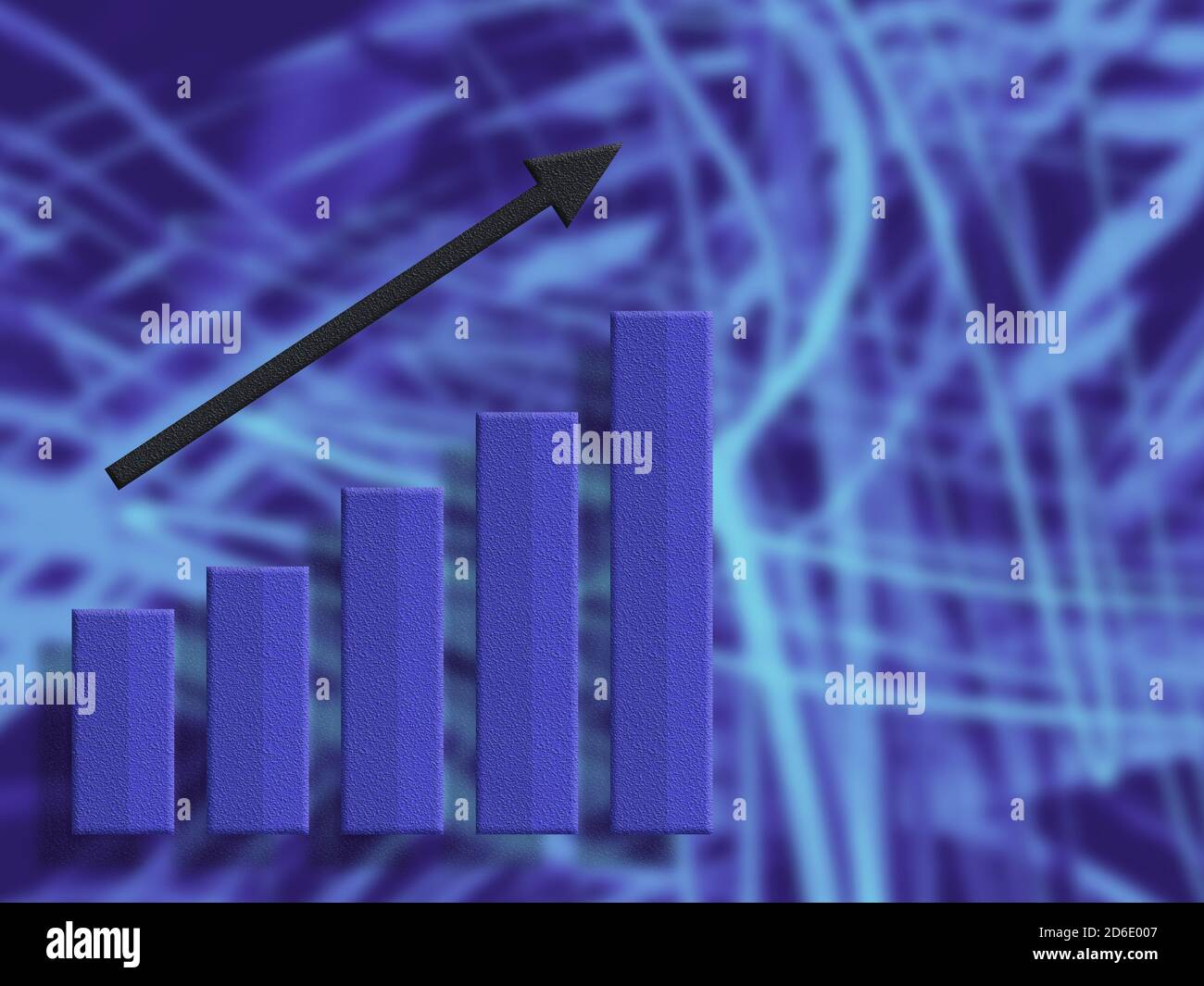 Growing bar graph with arrow. Blurred blue background. Abstract lines ...