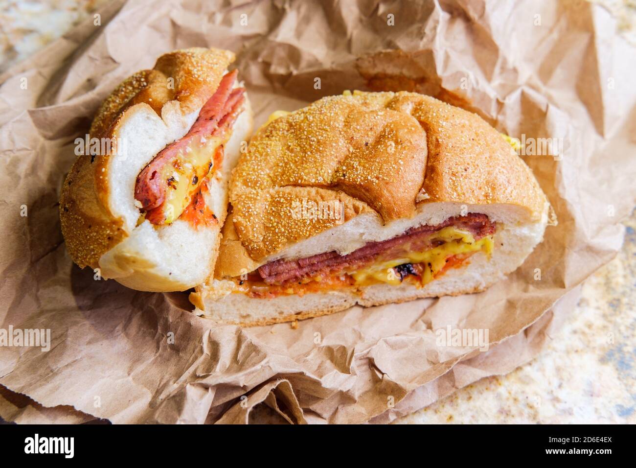 Taylor ham, pork roll, egg and cheese breakfast sandwich on a kaiser ...