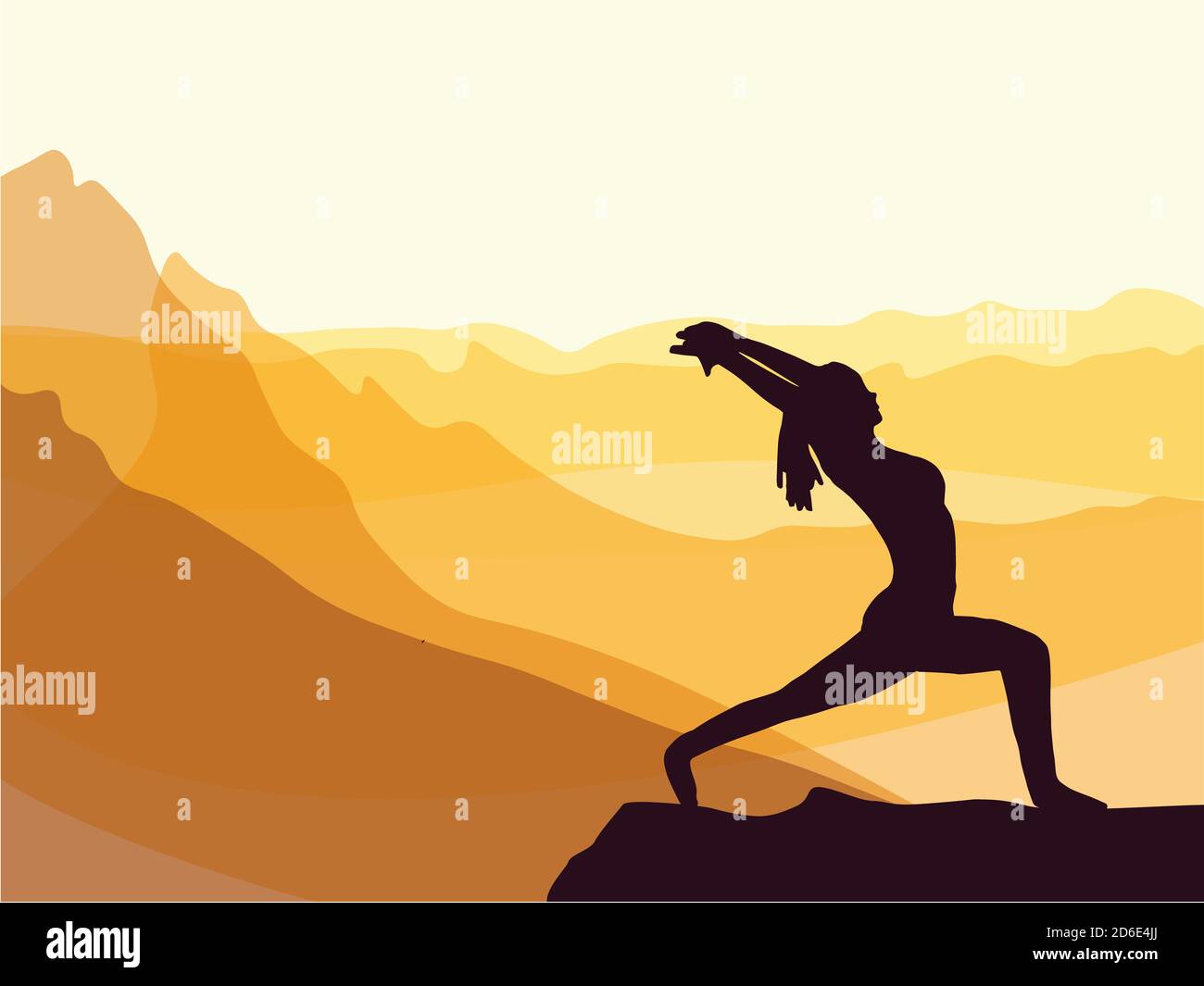Silhouette of girl practicing yoga. Mountains in the background ...