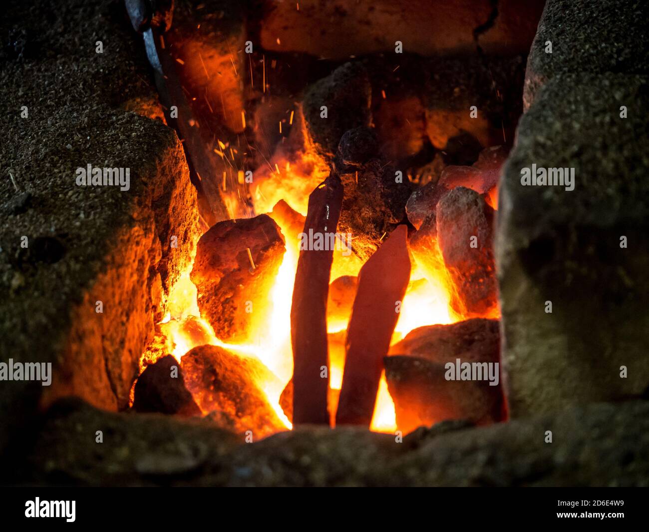 Blazing furnace with burning coal at the blacksmith's Stock Photo - Alamy