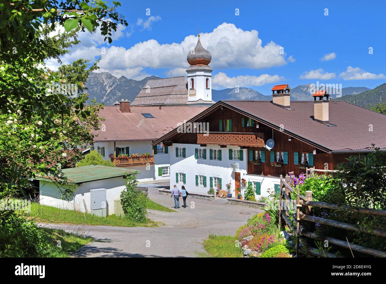 Farmhouses and church, Kirchdorf Wamberg, district of Garmisch ...