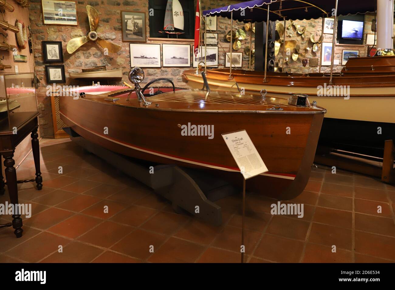 ISTANBUL, TURKEY - SEPTEMBER 20, 2020: Classic speed boat in Rahmi M ...