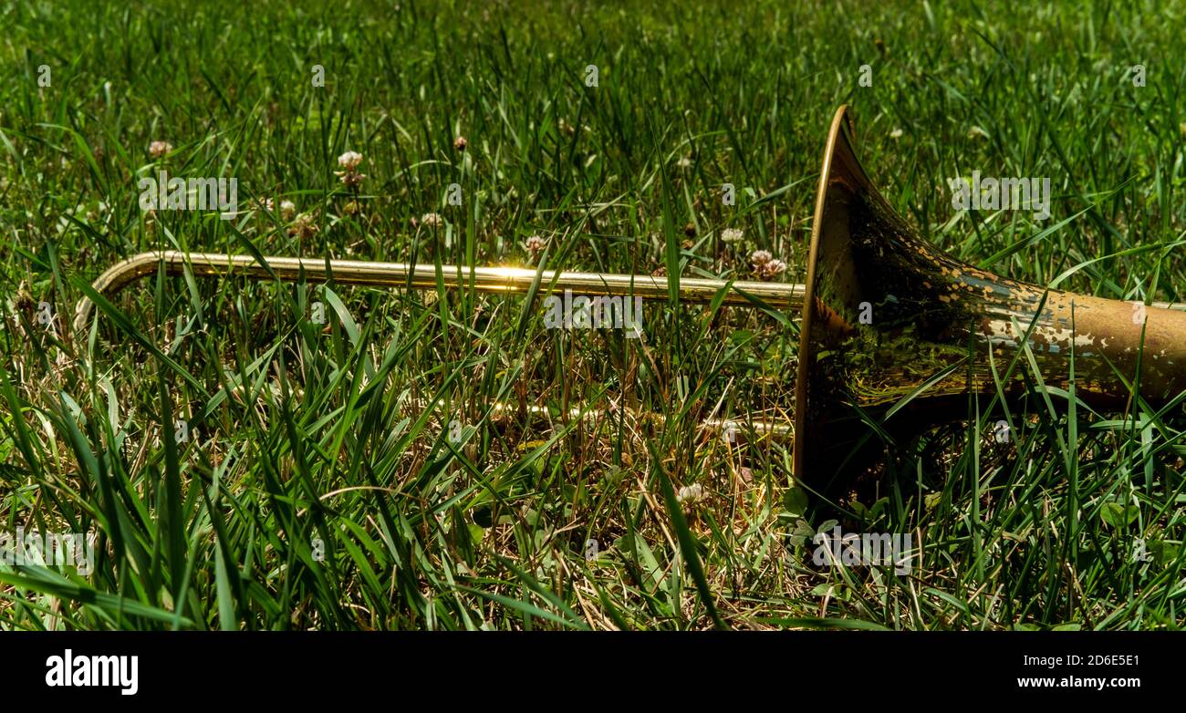 Old rusty trombone lays in grass field at music festival Stock Photo ...