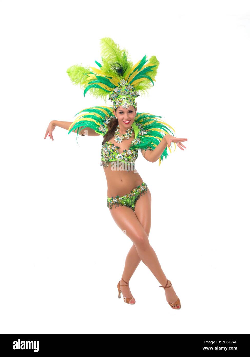 Female samba dancer wearing colorful costume over white background Stock Photo - Alamy