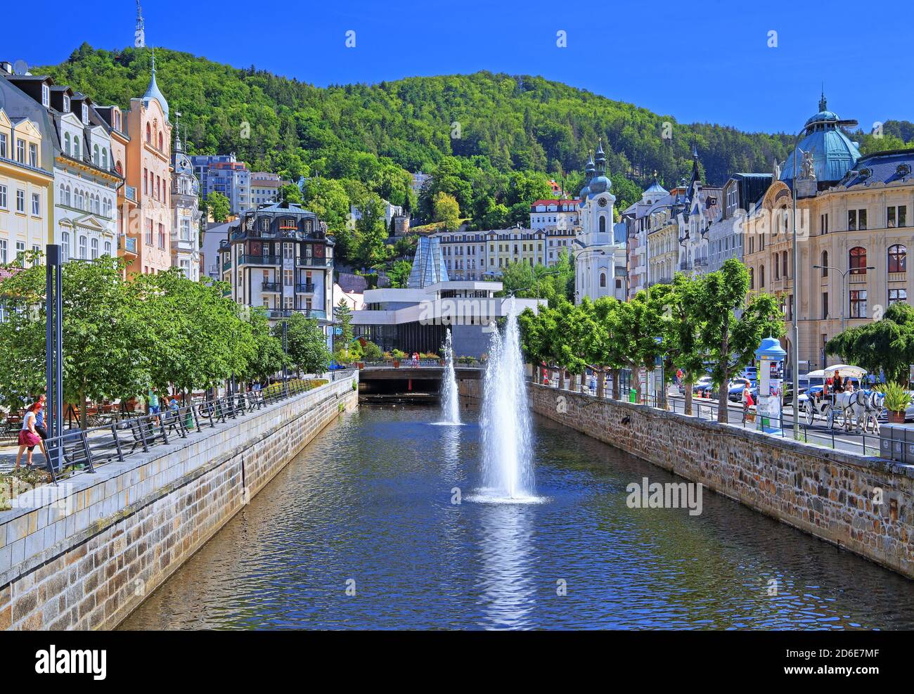 Tepla river with fountain in the spa area, Karlovy Vary, spa triangle ...