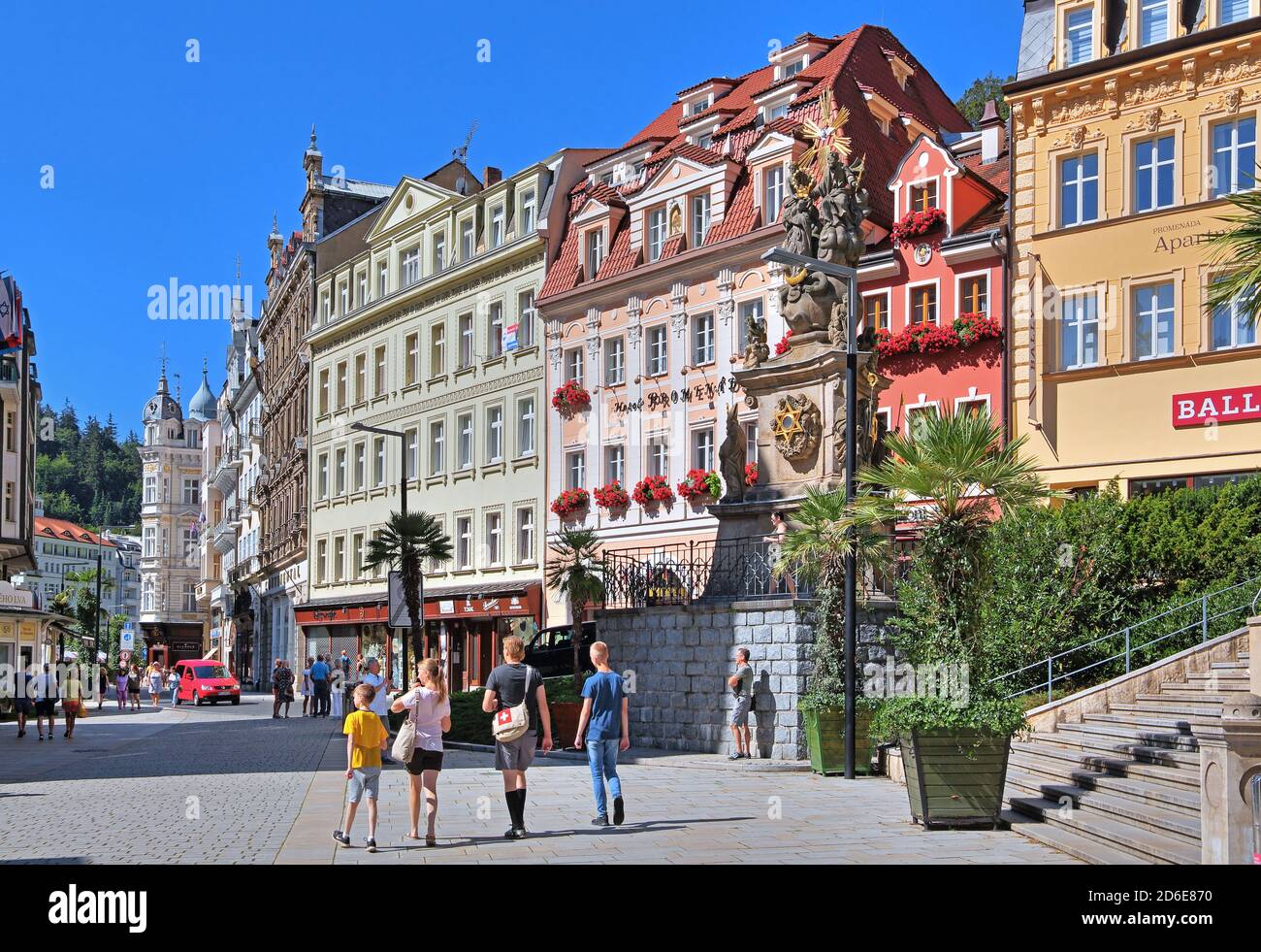 Market square with plague column in the spa area, Karlsbad, spa ...